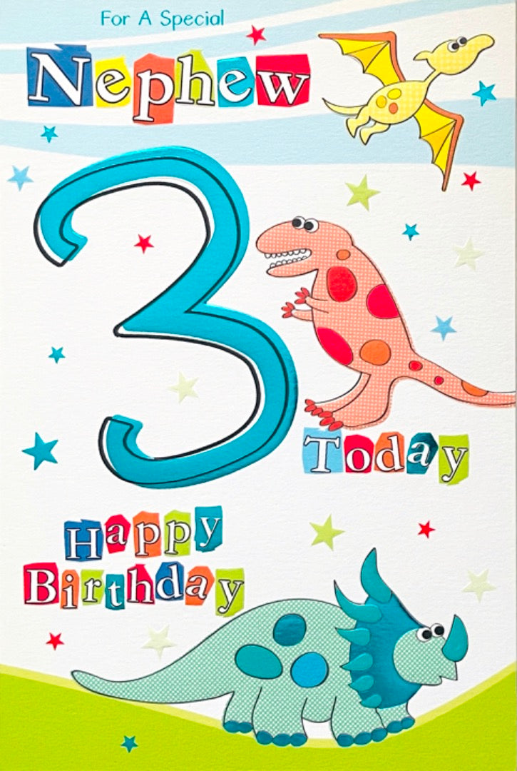 Special Nephew 3 Today Happy 3rd Birthday Card Dinosaurs T Rex Tricera ...